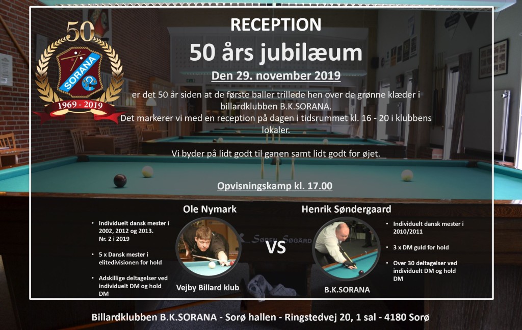 BK SORANA FYLDER 50 ÅR – Den Danske Billard Union